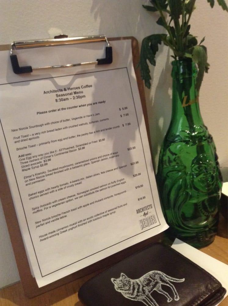 Menu at Architects and Heroes cafe, Subiaco, 25 Rokeby Rd