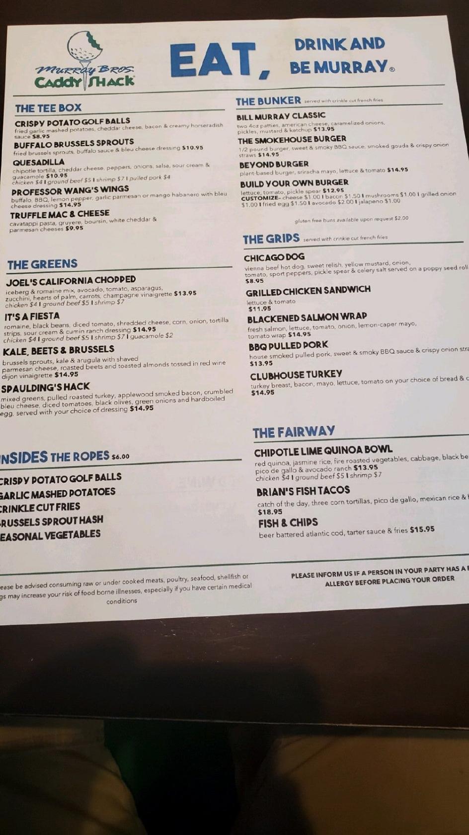 Menu at Murray Bros. Caddyshack pub & bar, Rosemont, Balmoral Ave