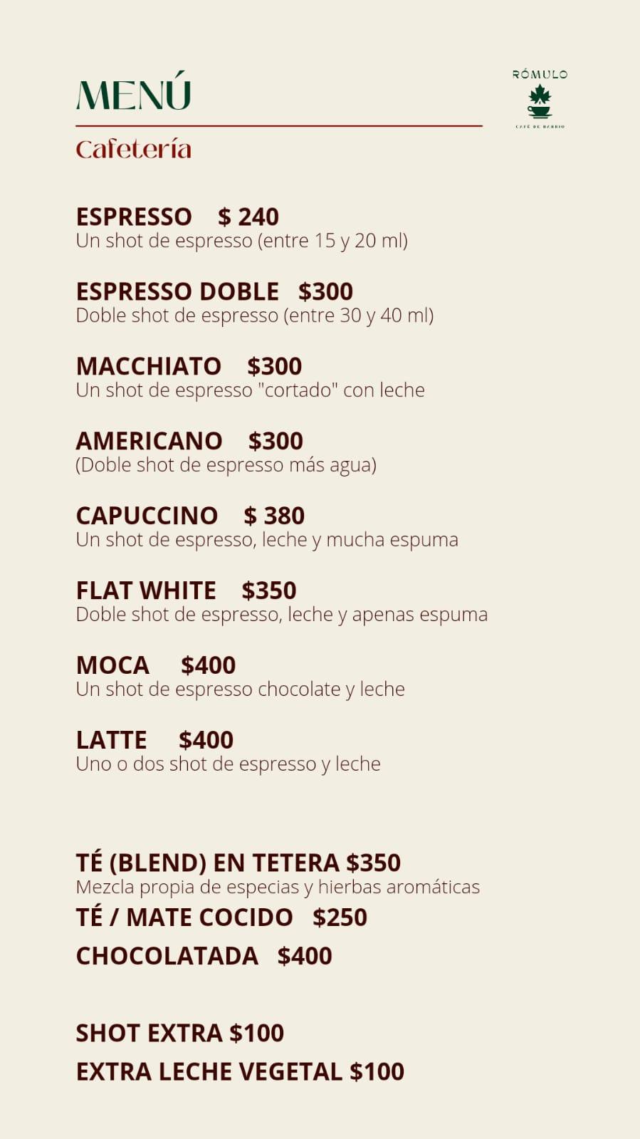 Menu at Café Rómulo, Buenos Aires
