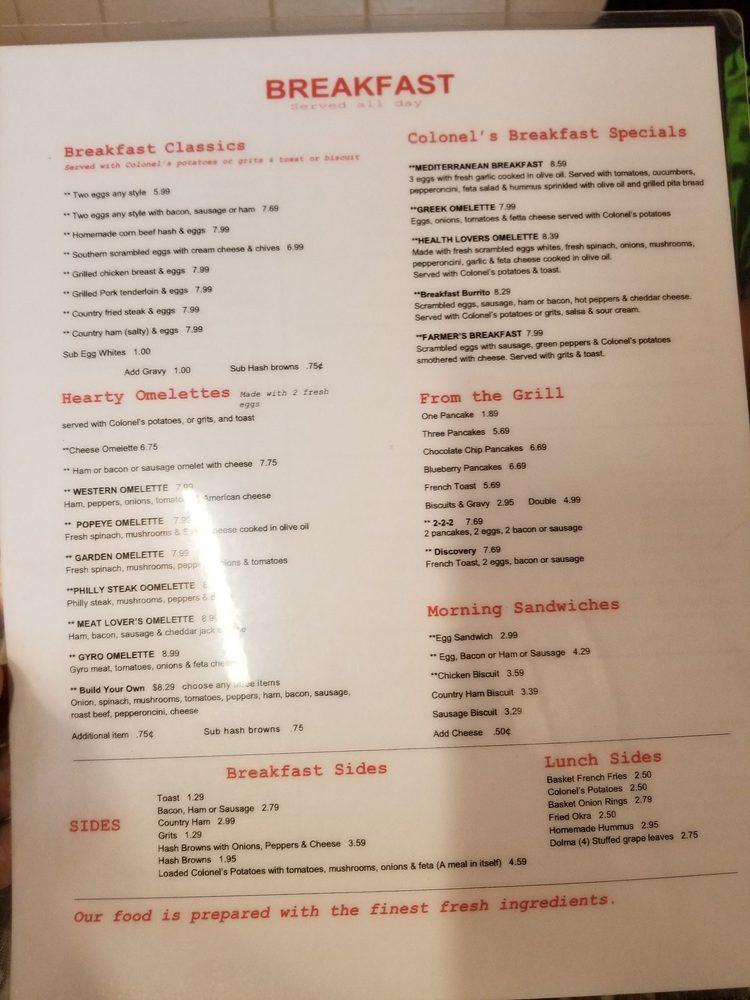 Menu at Colonel's Delicatessen restaurant, Knoxville