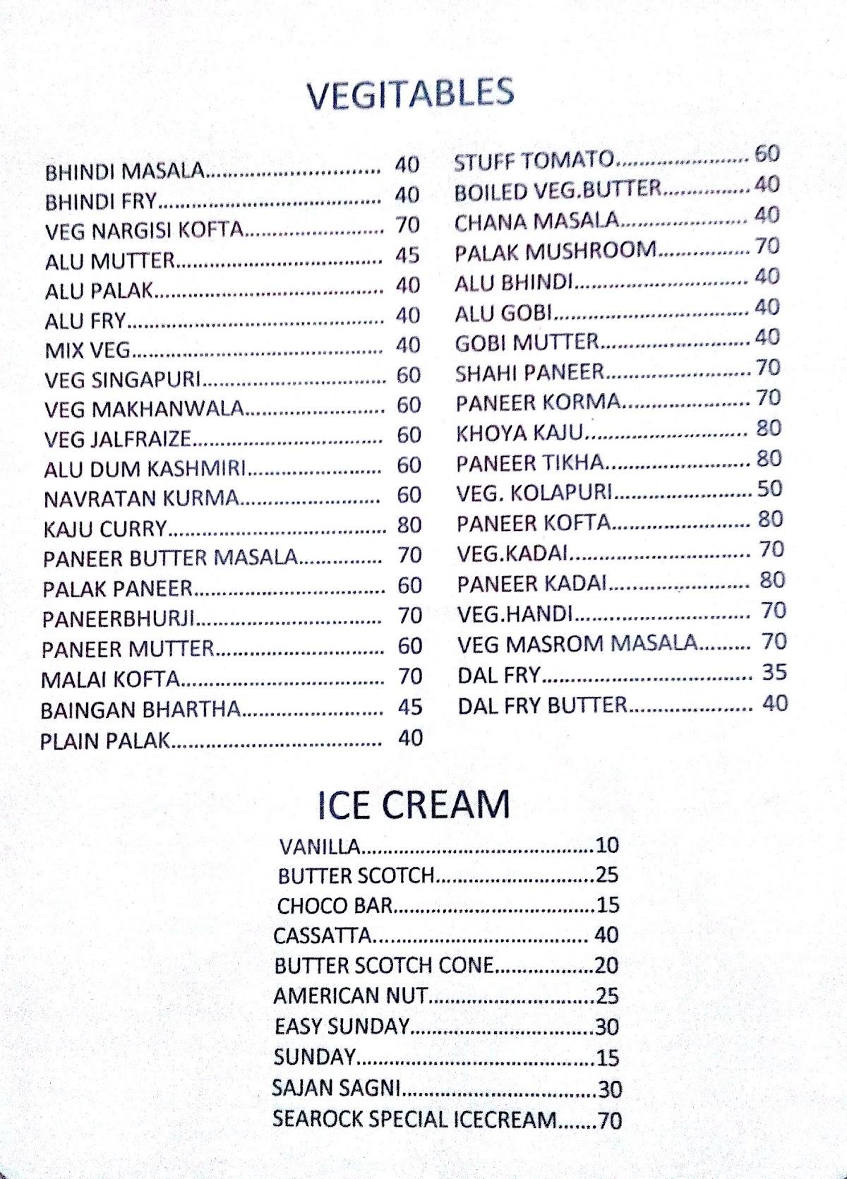 Menu at Hotel Sea Rock, Kandla, Hotel sea rock circle 7