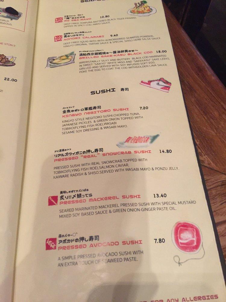 Menu at Kingyo restaurant, Vancouver