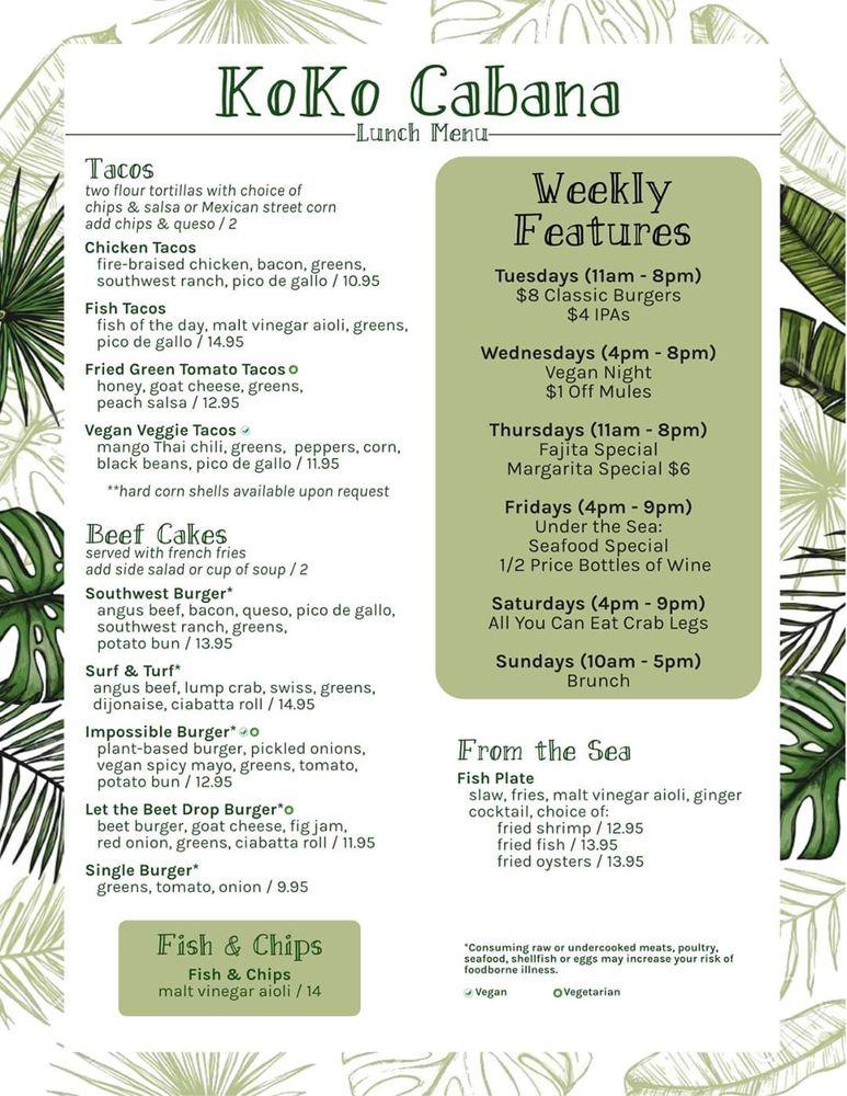 Menu at Koko Cabana restaurant, Oak Island