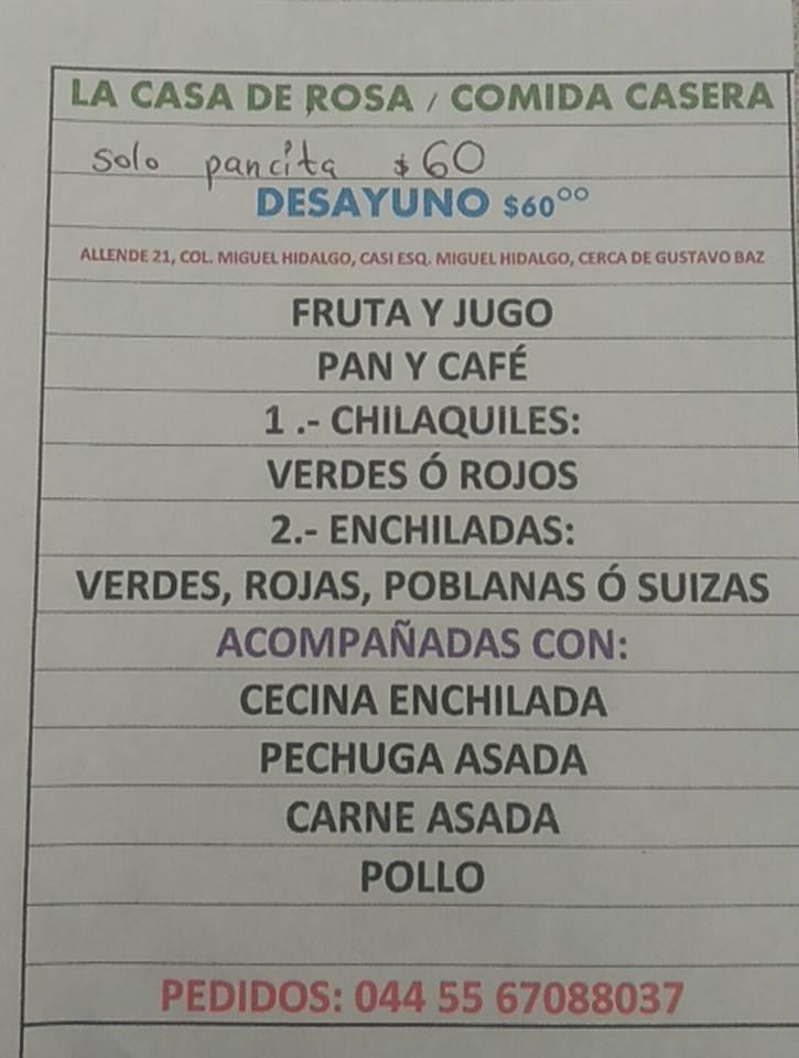 Menu at La Casa De Rosa restaurant, Mexico City