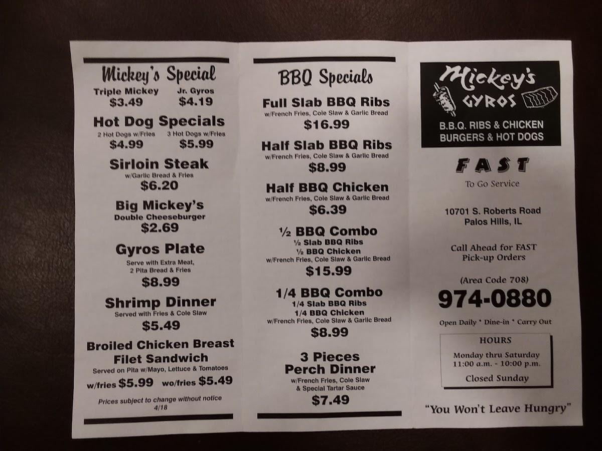 Menu at Mickey's Gyros fast food, Palos Hills, S Roberts Rd