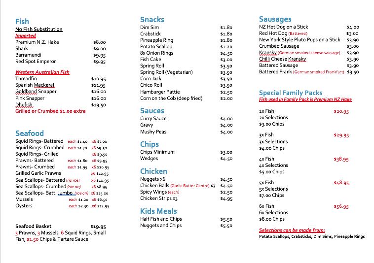 Menu at Padbury Fish and Chips restaurant, Padbury