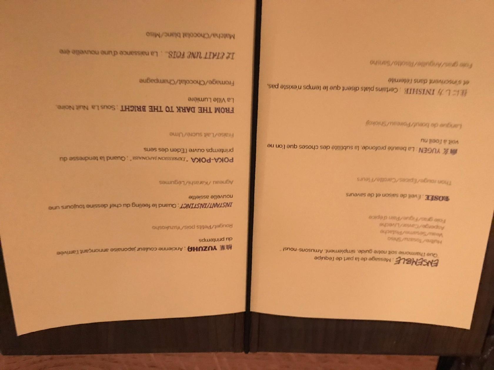 Menu at Sola restaurant, Paris