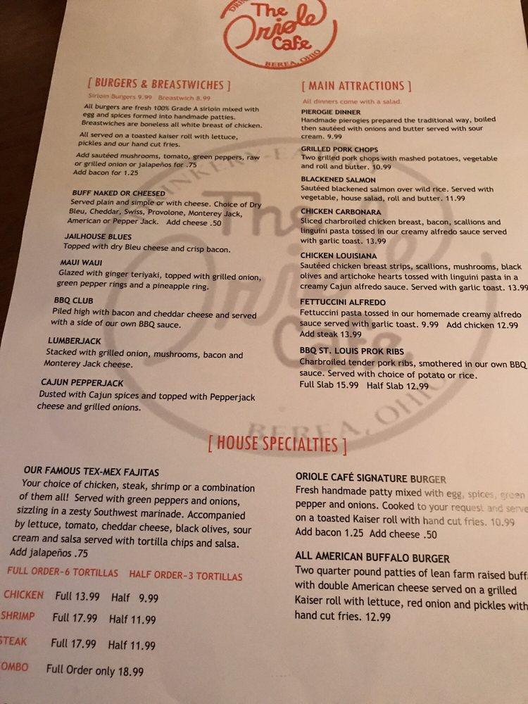 Menu at The Oriole Cafe, Berea