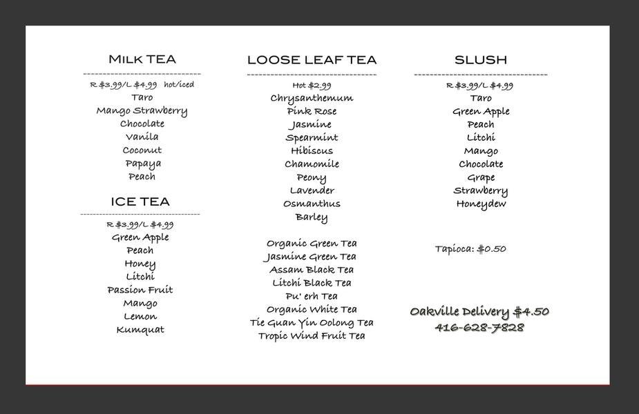 Menu at Bubble tea cafe, Oakville