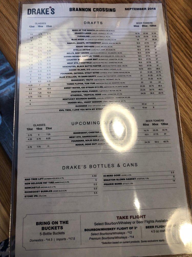 Menu at Drake's restaurant, Nicholasville