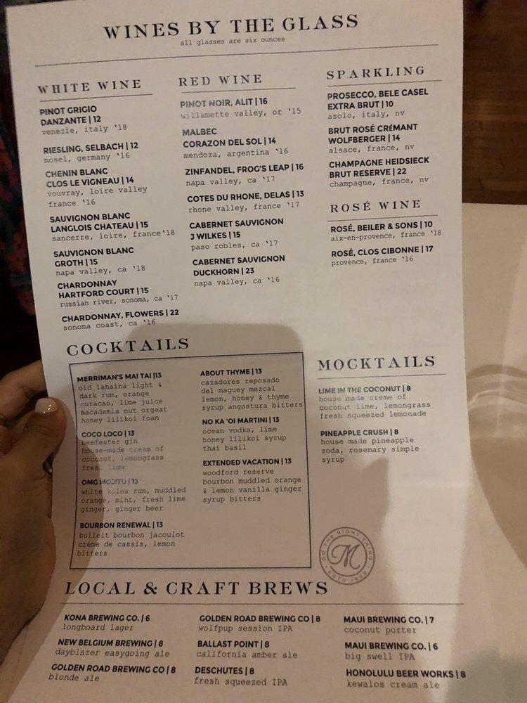Menu at Merriman's Kauai restaurant, Koloa, Ala Kalanikaumaka St