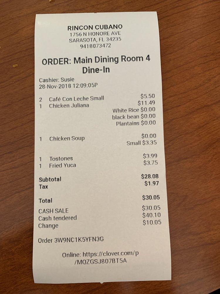 Menu at Rincon Cubano restaurant, Sarasota