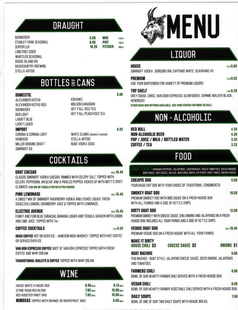 Menu at The Goat pub & bar, Squamish
