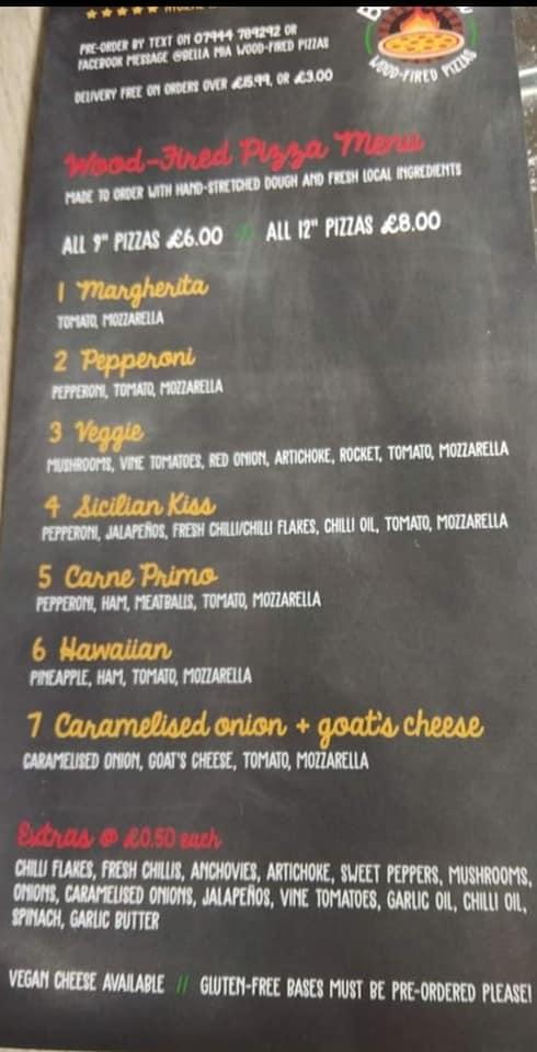 Menu at Bella Mia Wood Fired Pizzas restaurant, Matlock