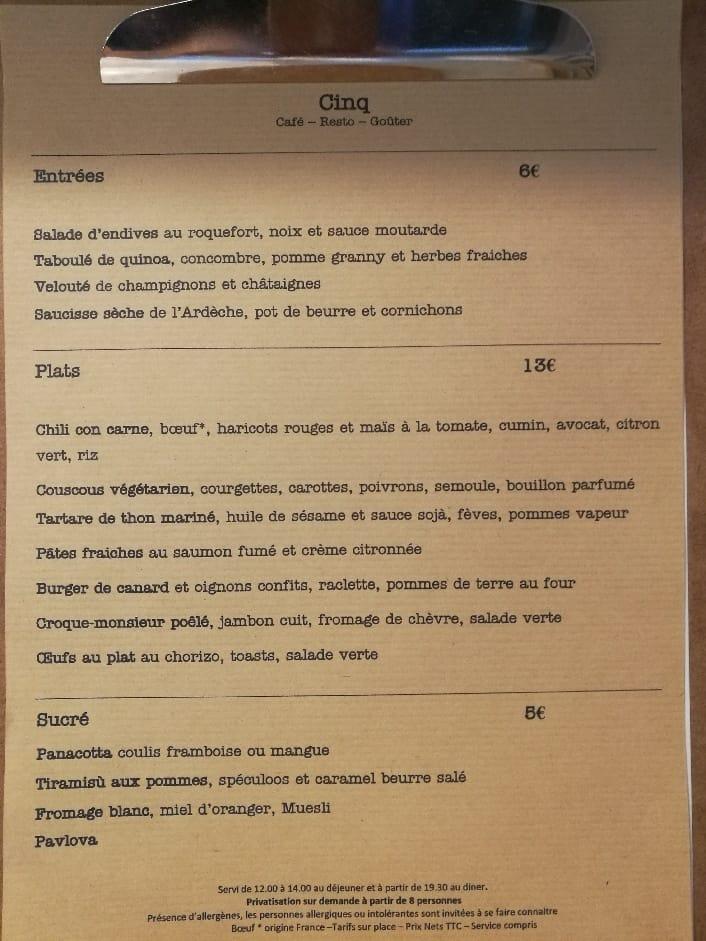Menu at Cinq restaurant, Clamart