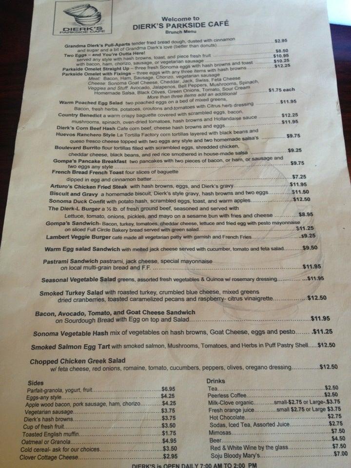 Menu at Dierk's Parkside Cafe, Santa Rosa