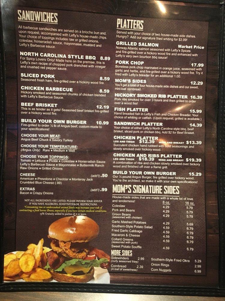 Menu at Lefty's Barbecue, Waldorf