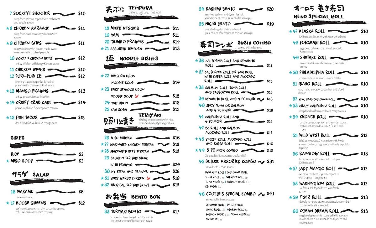 Menu at Neko Sushi restaurant, Edson