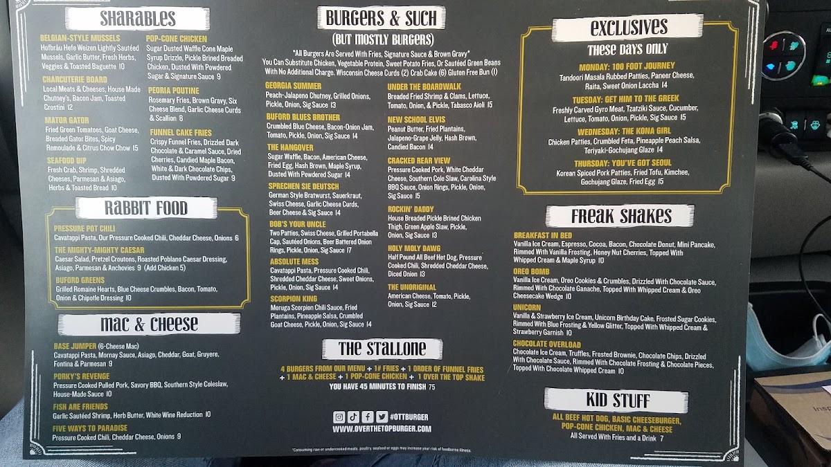 Carta de Over The Top Burger Bar, Buford