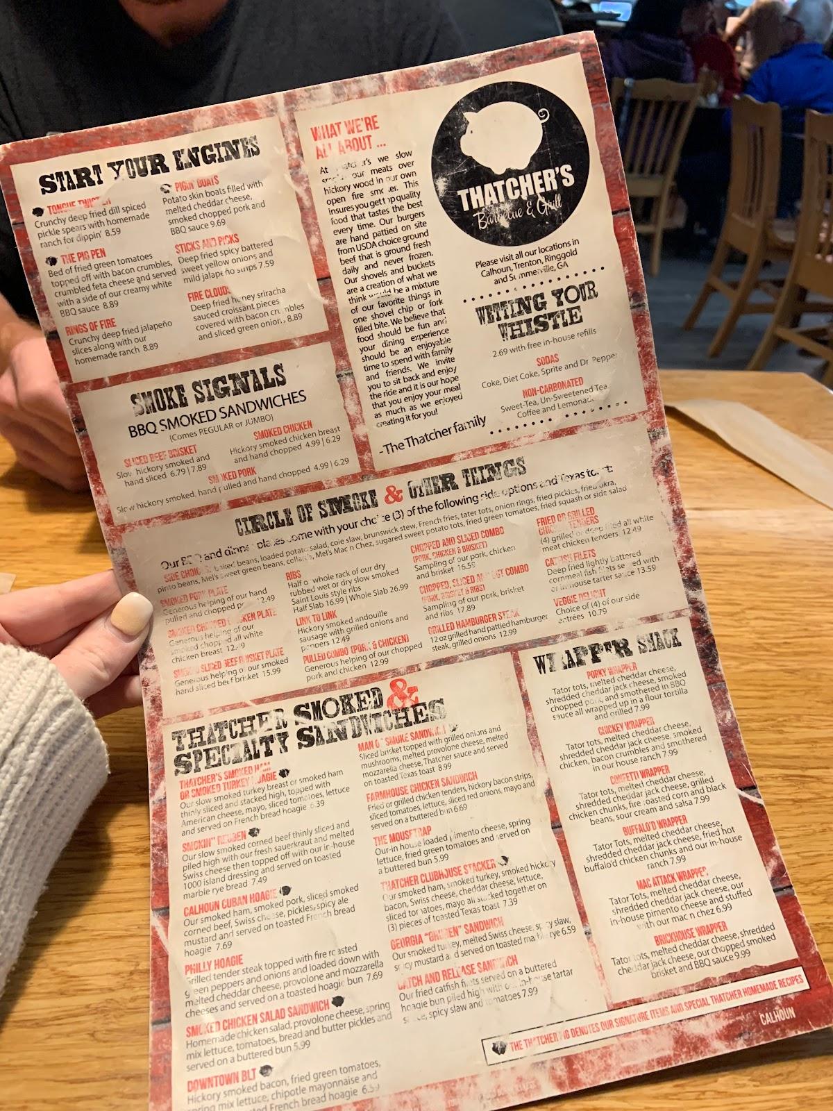 Menu at Thatcher's BBQ, Calhoun