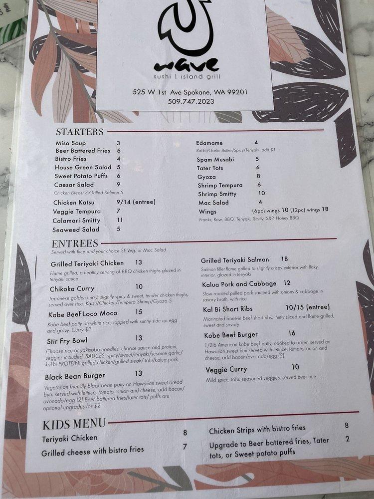 Menu at Wave Sushi Island Grill restaurant, Spokane