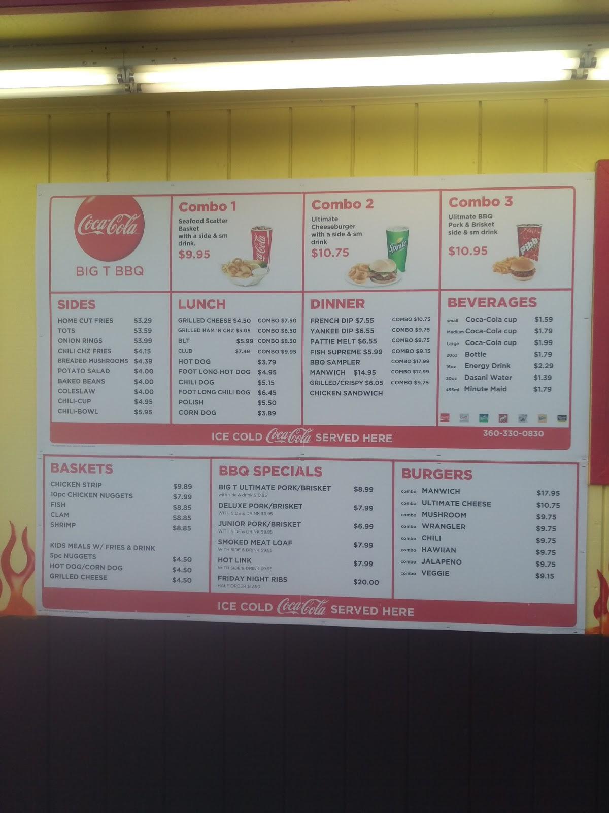 Menu at Big T BBQ, Centralia