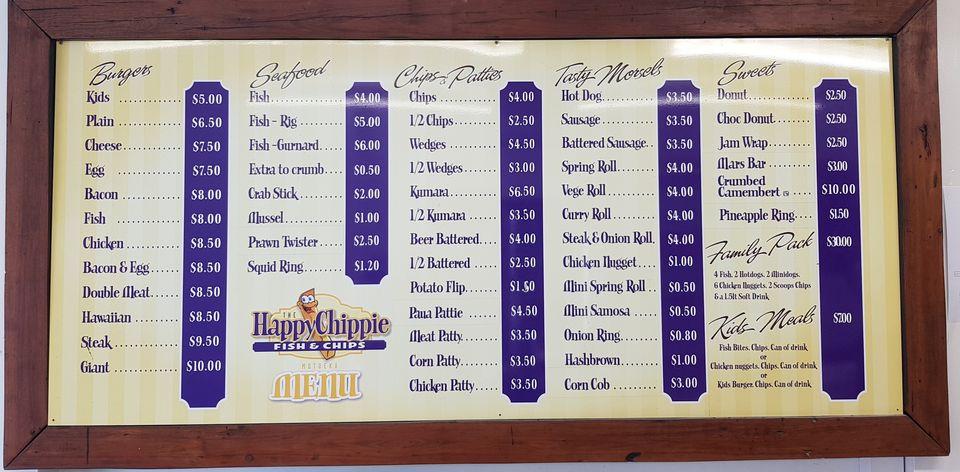 Menu at Happy Chippy fast food, Motueka