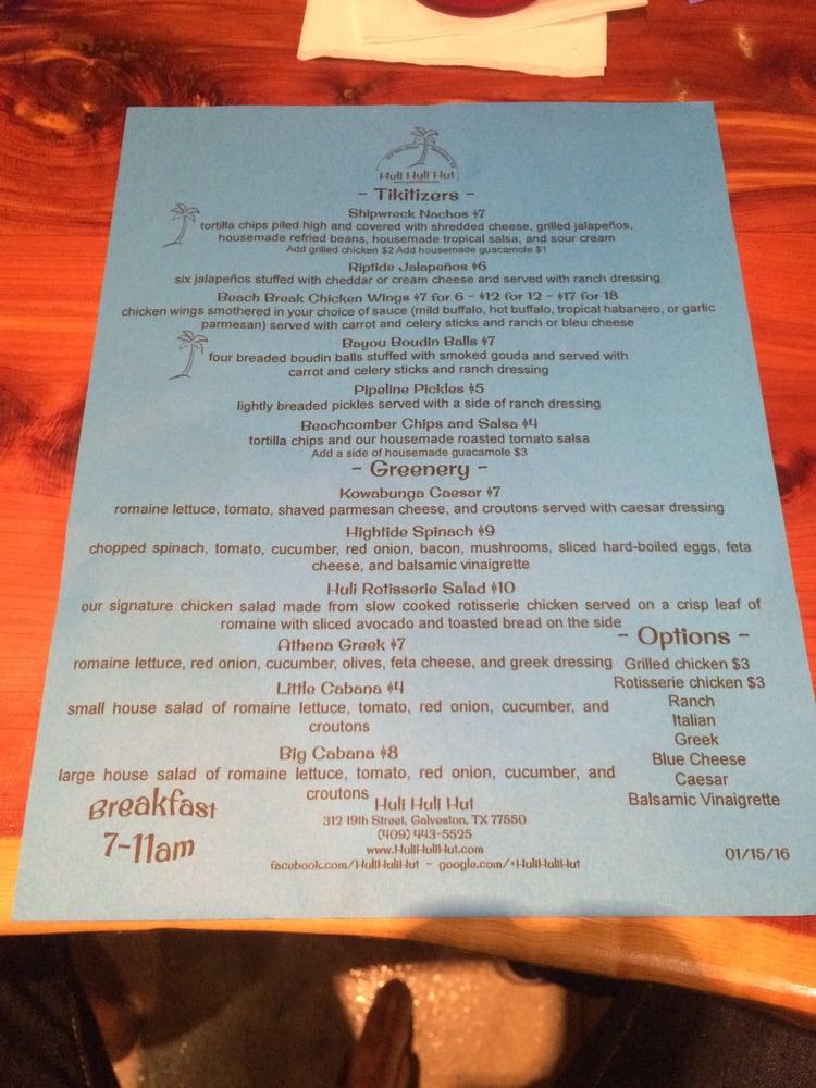 Menu at Huli Huli Hut restaurant, Galveston
