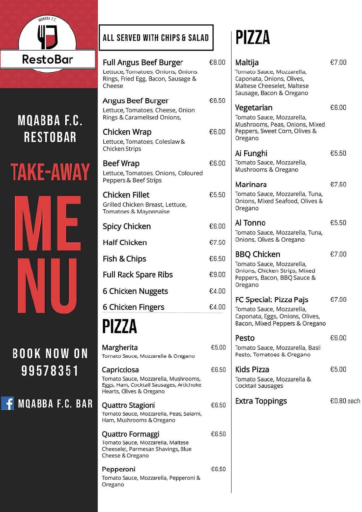 Menu at Mqabba Football Club, Mqabba