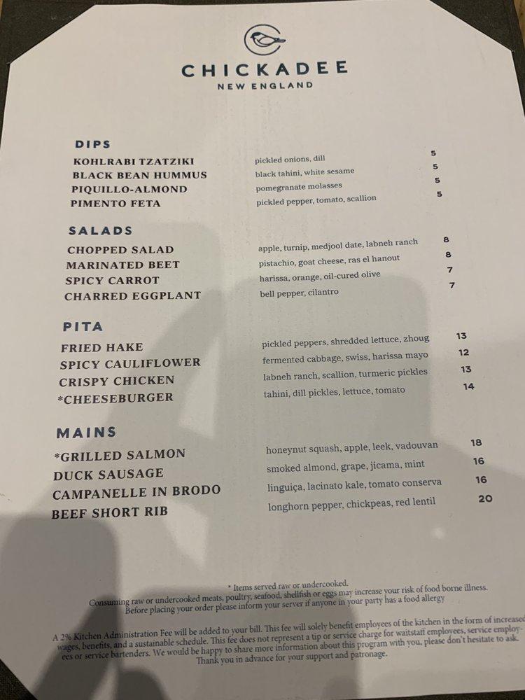 Menu at Chickadee pub & bar, Boston, 21 Drydock Ave