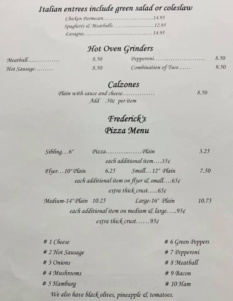 Menu at Frederick' s Southside Restaurant, Caribou