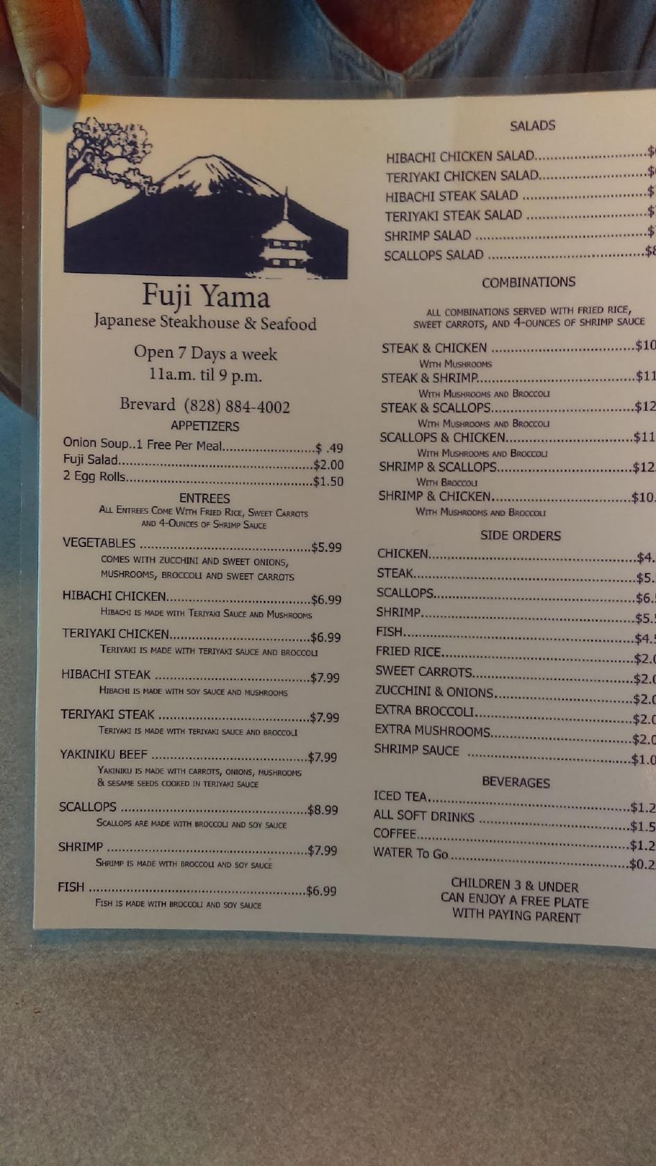 Menu at Fuji Yama steakhouse, Brevard