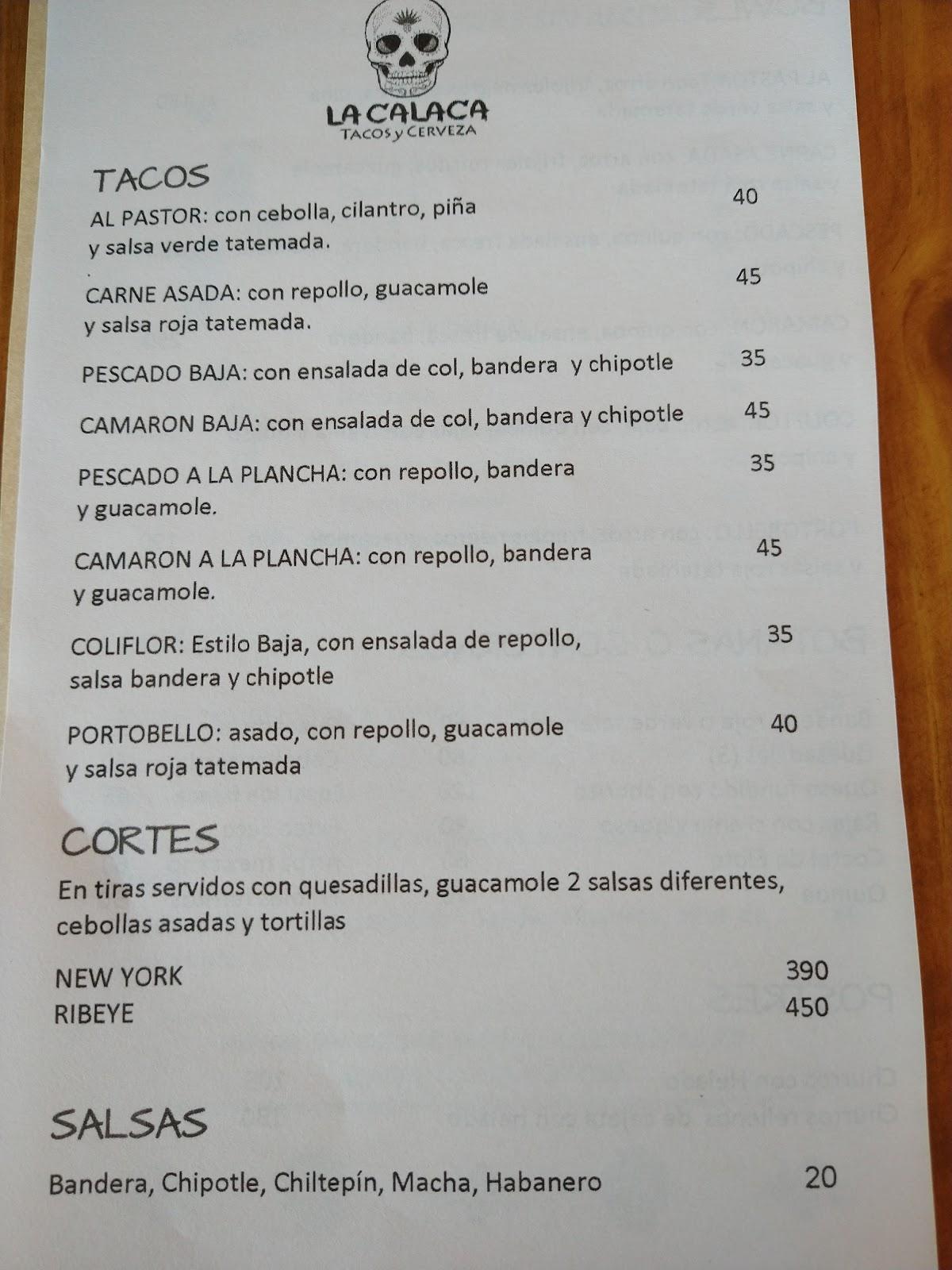 Menu at La Calaca Tacos Y Cerveza restaurant, San Carlos