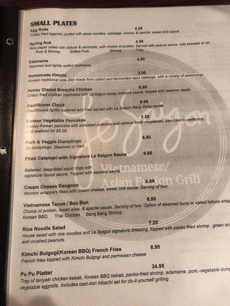 Menu at Le Saigon restaurant, Hammond