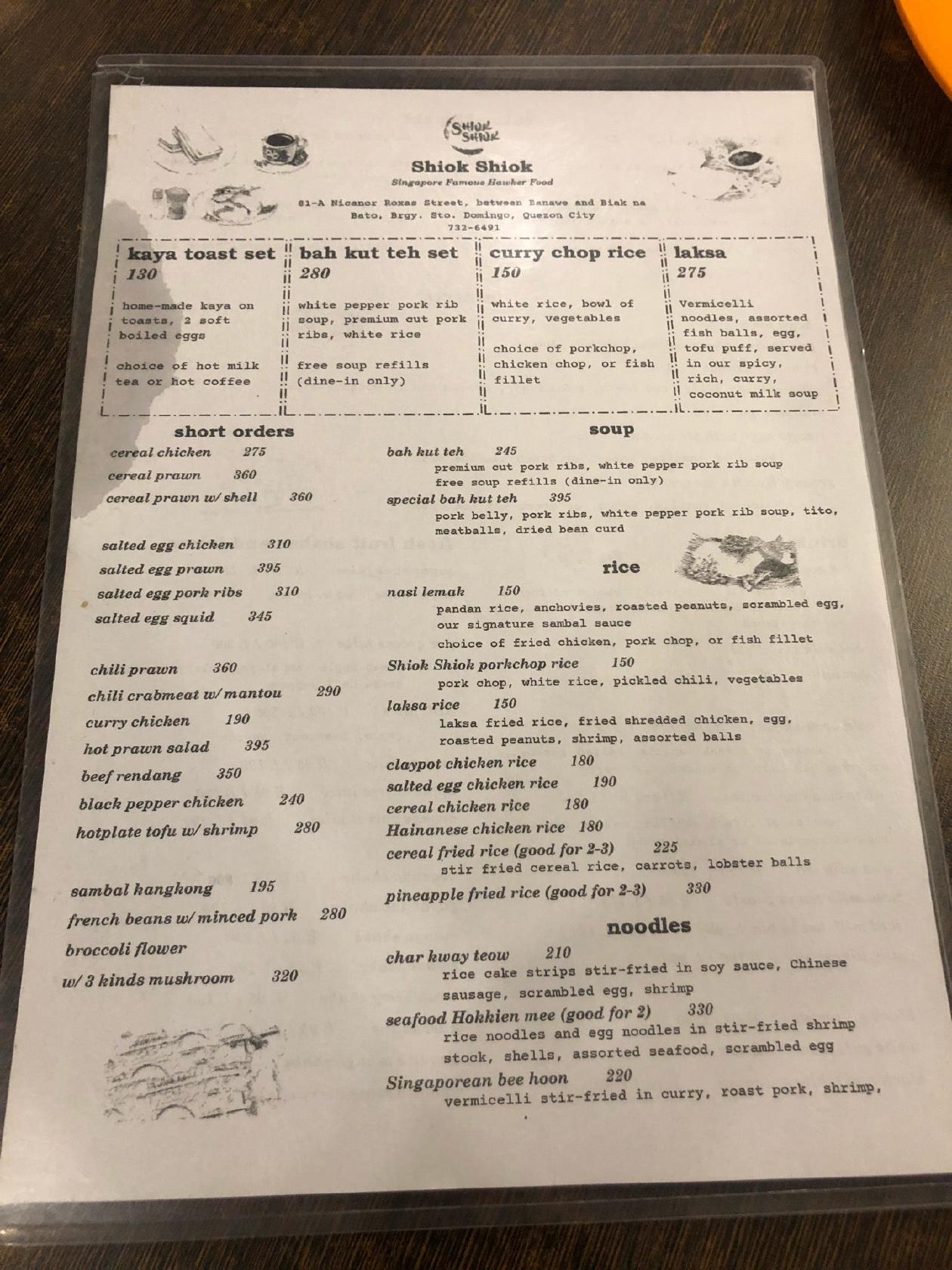Menu at Shiok Shiok Singaporean Restaurant, Quezon City