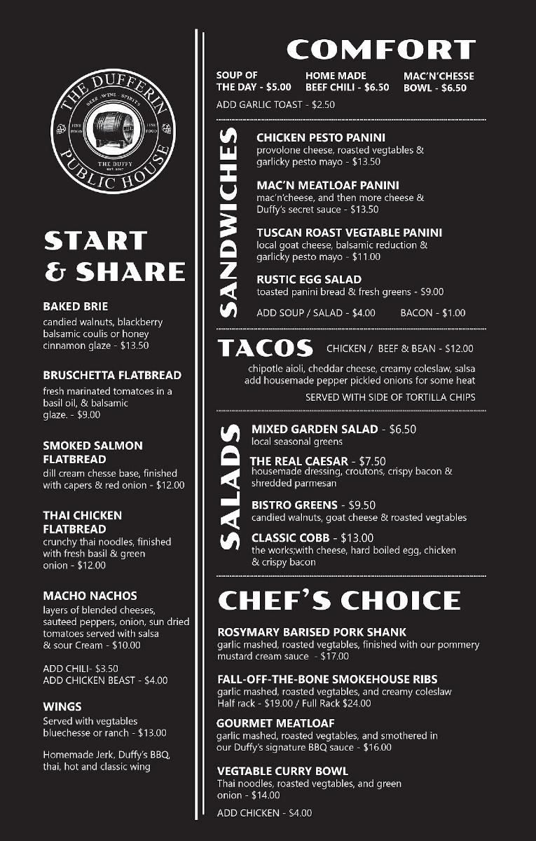 Menu at The Duffy pub & bar, Shelburne