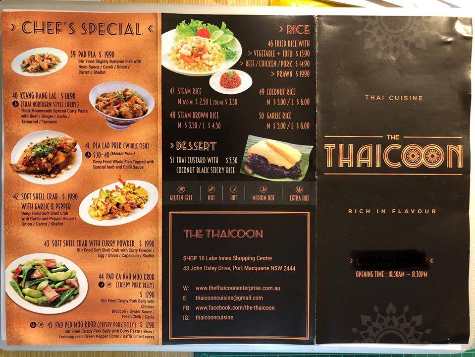 Menu at Thaicoon Restaurant, Port Macquarie