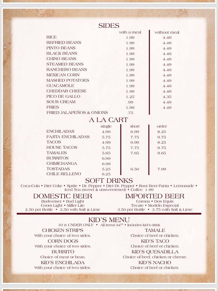 Menu at Toledo's Méxican Grill restaurant, Mustang