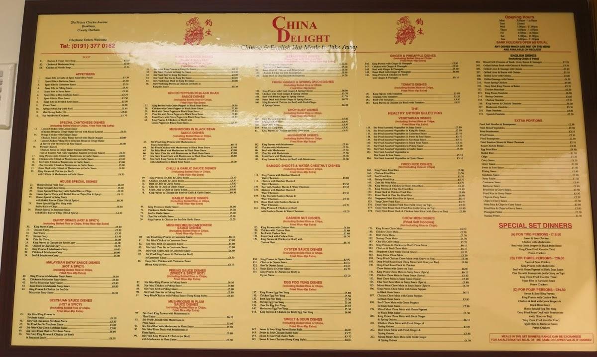 Menu at Bowburn China Delight Chinese Takeaway restaurant, Durham
