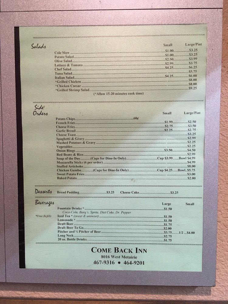 Menu at Come Back Inn restaurant, Metairie, W Metairie Ave