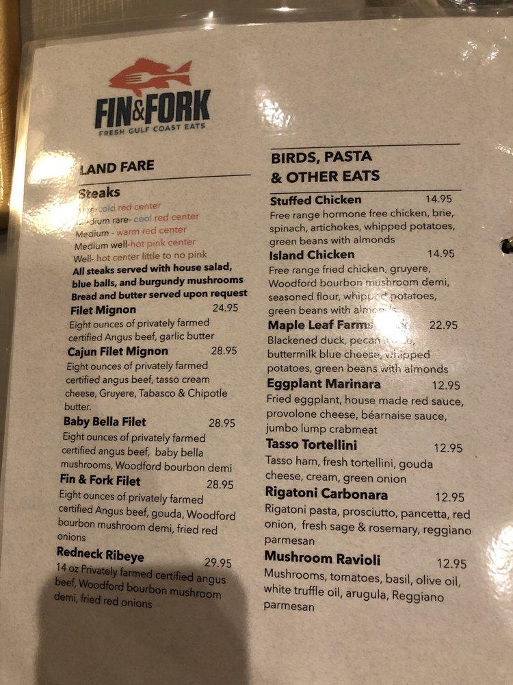 Menu at Fin & Fork restaurant, Pensacola