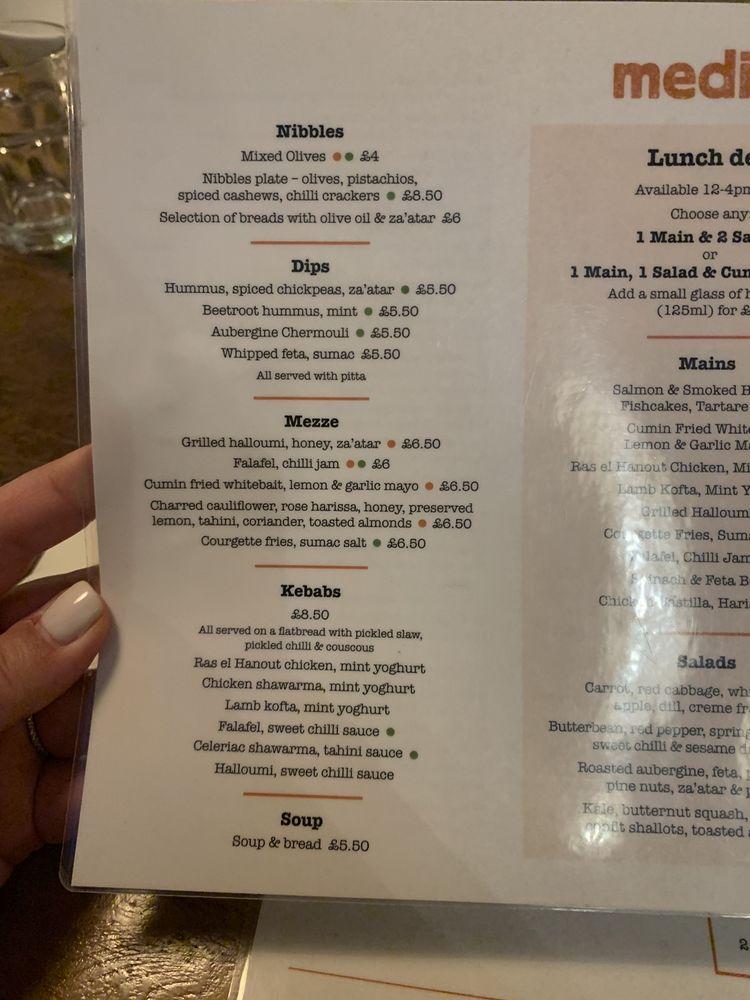 Menu at Medina restaurant, Aberystwyth
