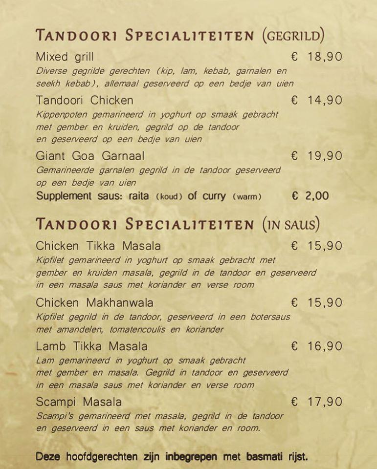 Menu at Royal India, Sint-Truiden