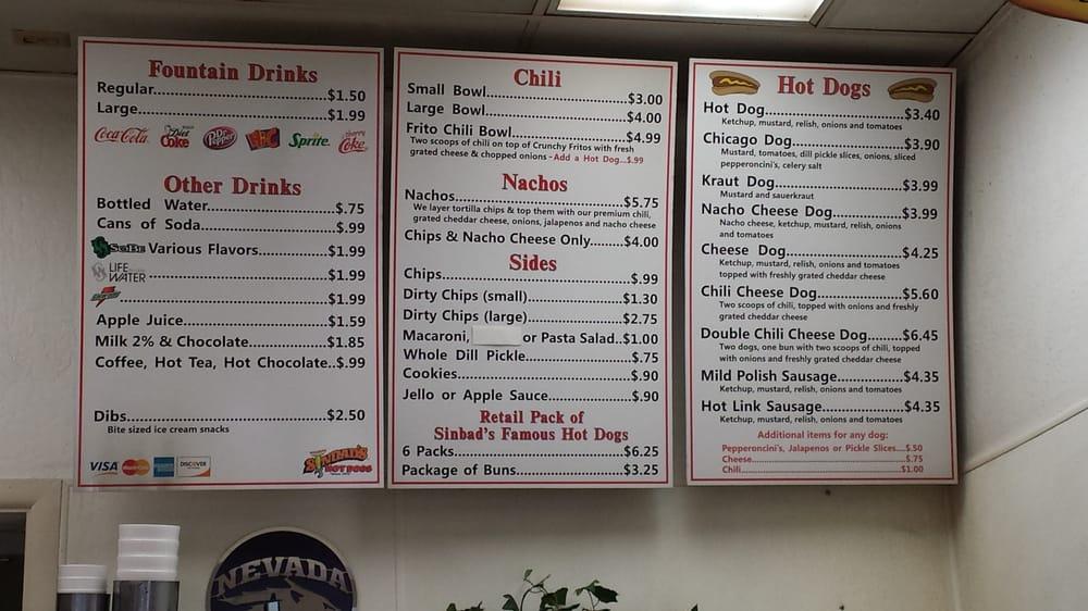 Menu at Sinbad's Hot Dogs restaurant, Sparks