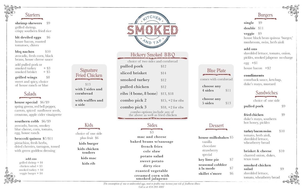 Menu at Smoked Kitchen and Tap pub & bar, Crozet