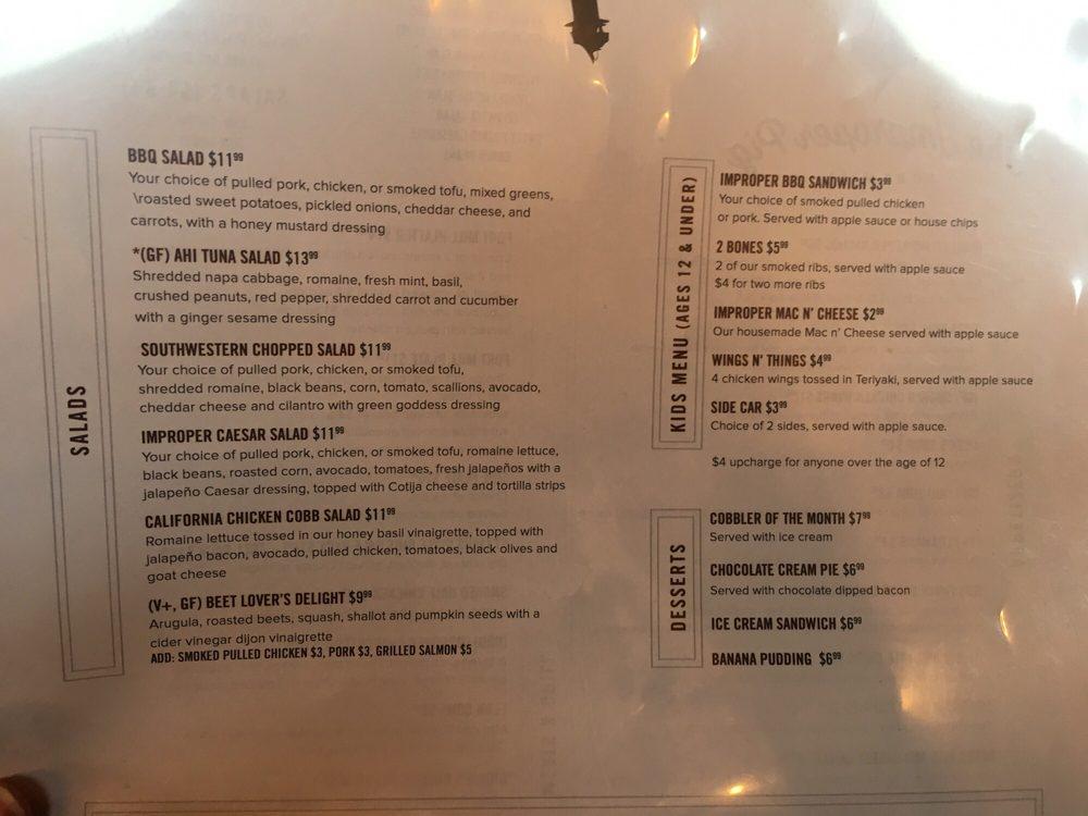Menu at The Improper Pig @ Fort Mill BBQ, Fort Mill
