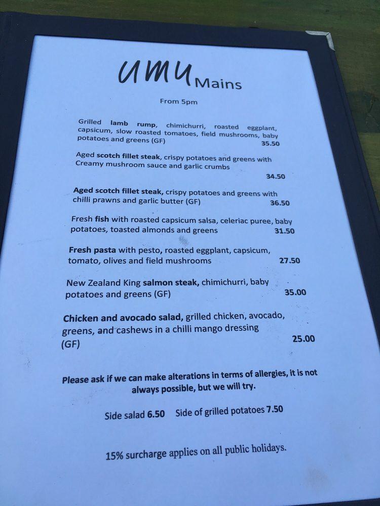 Menu at UMU Restaurant and Cafe, Coromandel