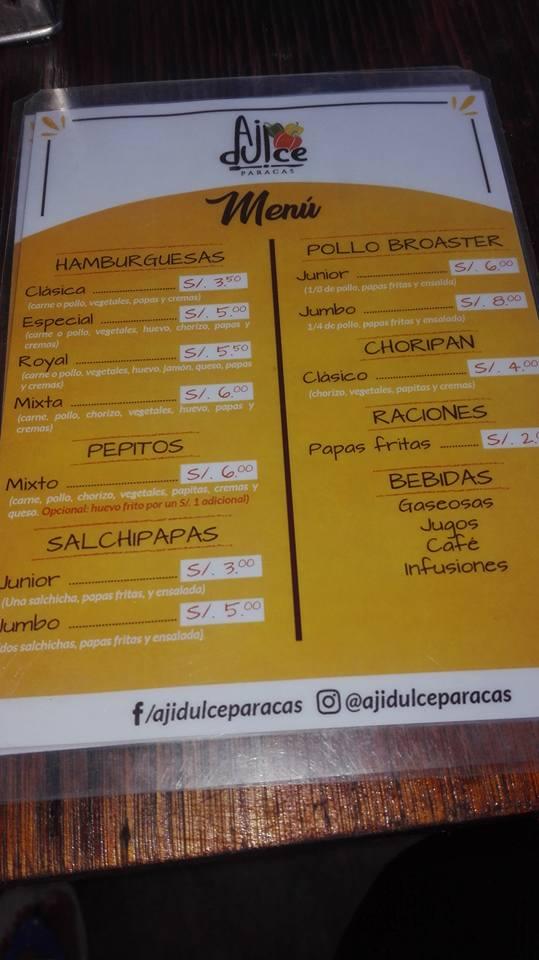 Menu at Ají dulce Paracas restaurant, Paracas