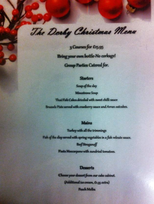 Menu at The Derby Cafe, Glasgow