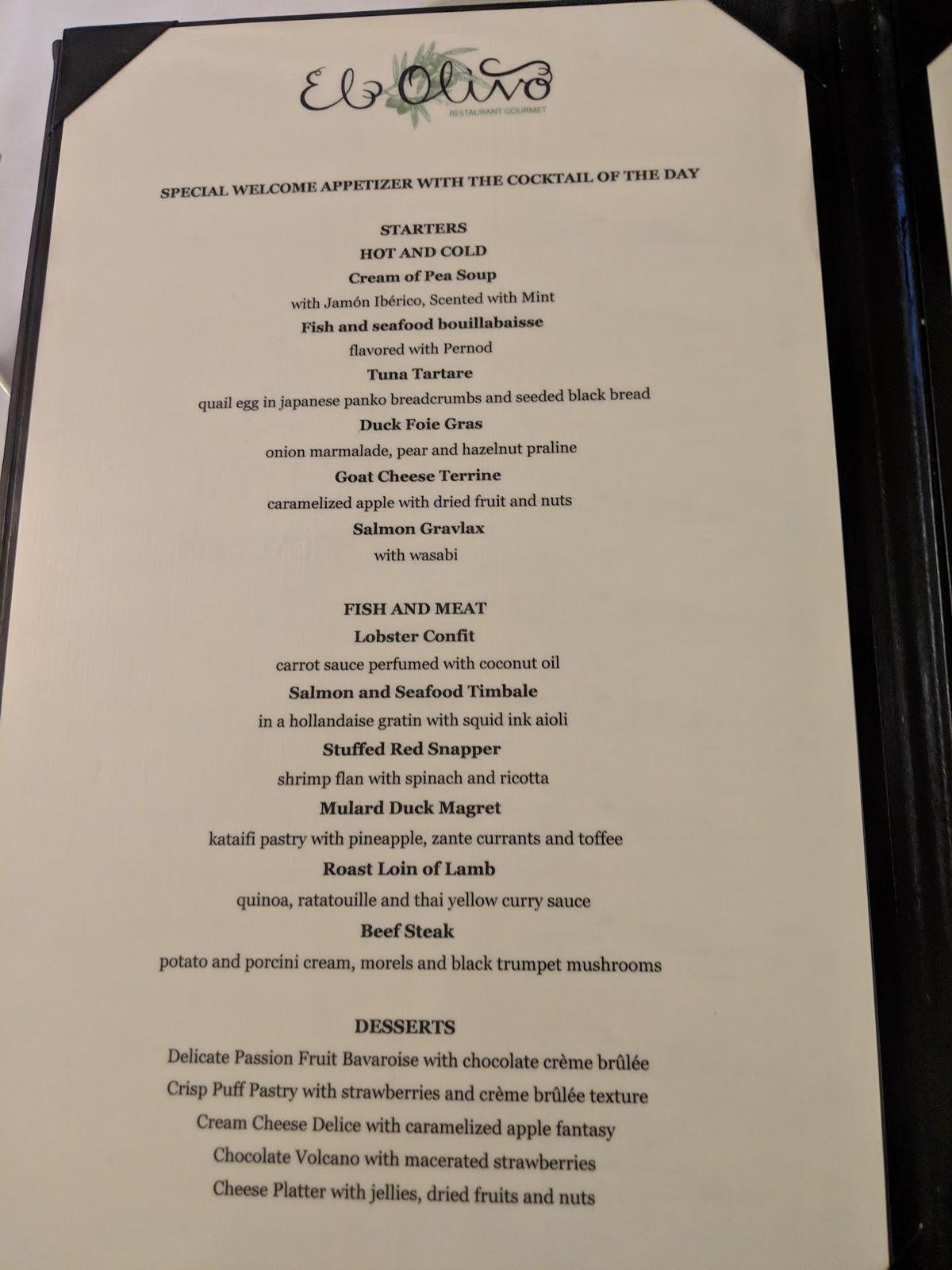 Menu at El Olivo restaurant, Punta Cana